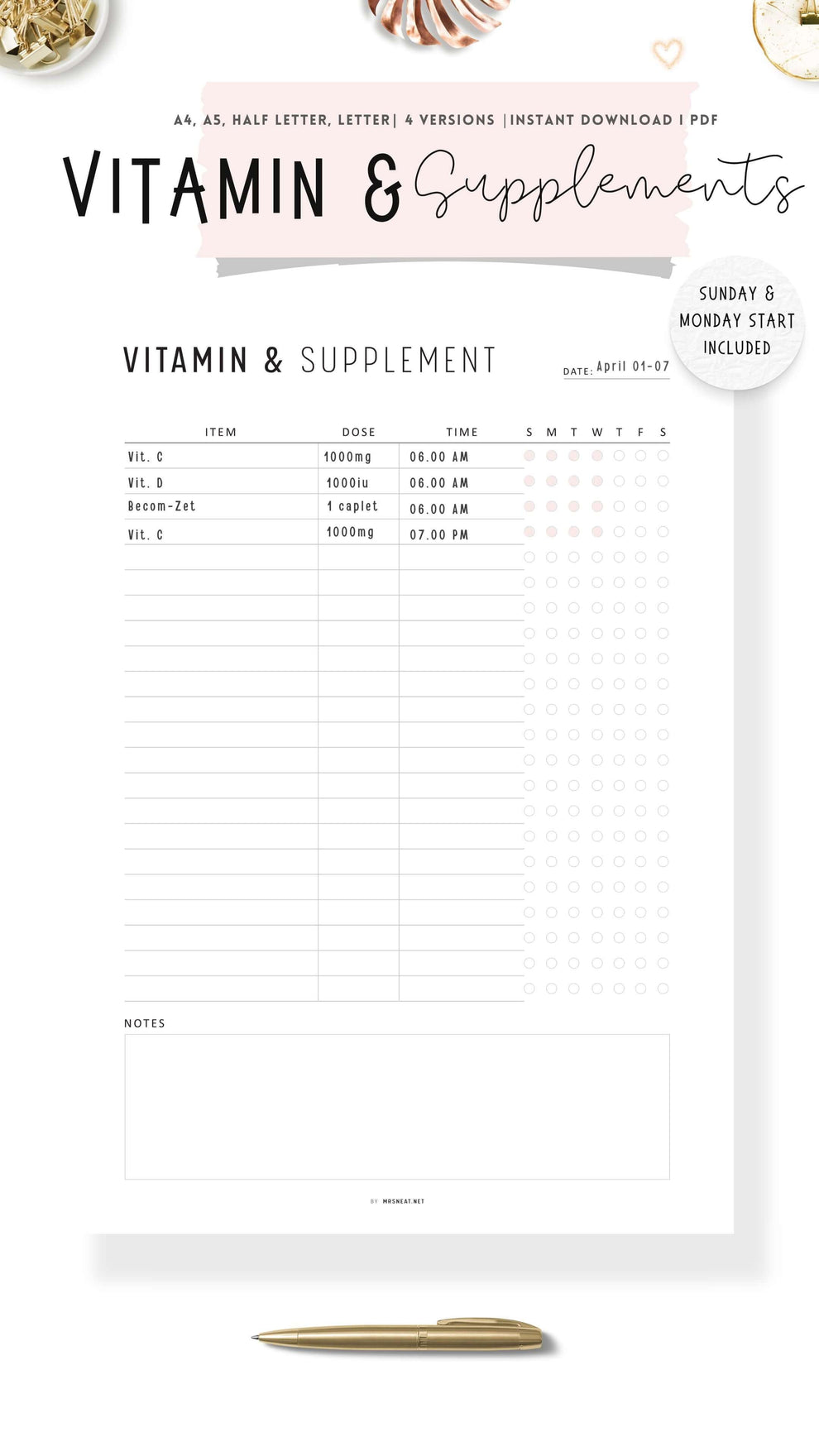 Daily Vitamin & Supplements Tracker Printable – mrsneat
