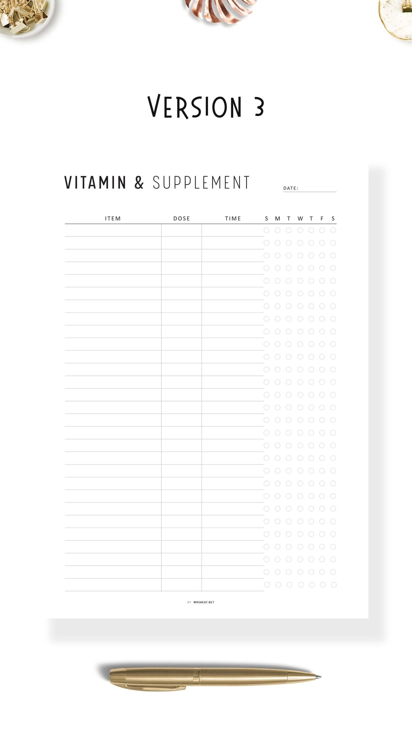 Daily Vitamin & Supplements Tracker Printable - M401 – mrsneat