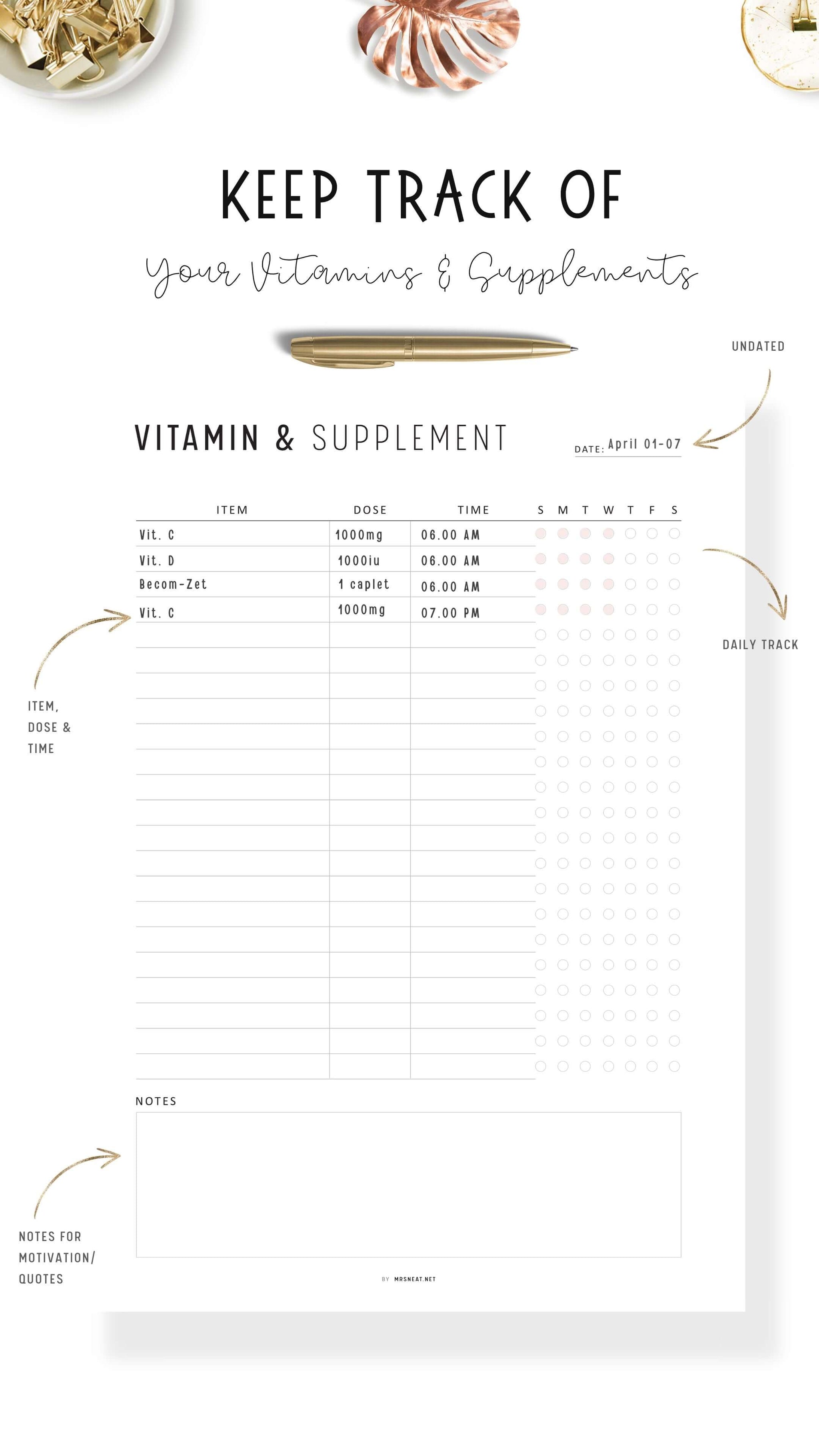 Daily Vitamin & Supplements Tracker Printable – mrsneat