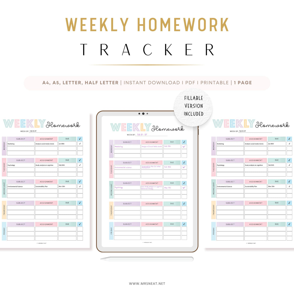 Weekly Homework Tracker Printable - M539 – mrsneat