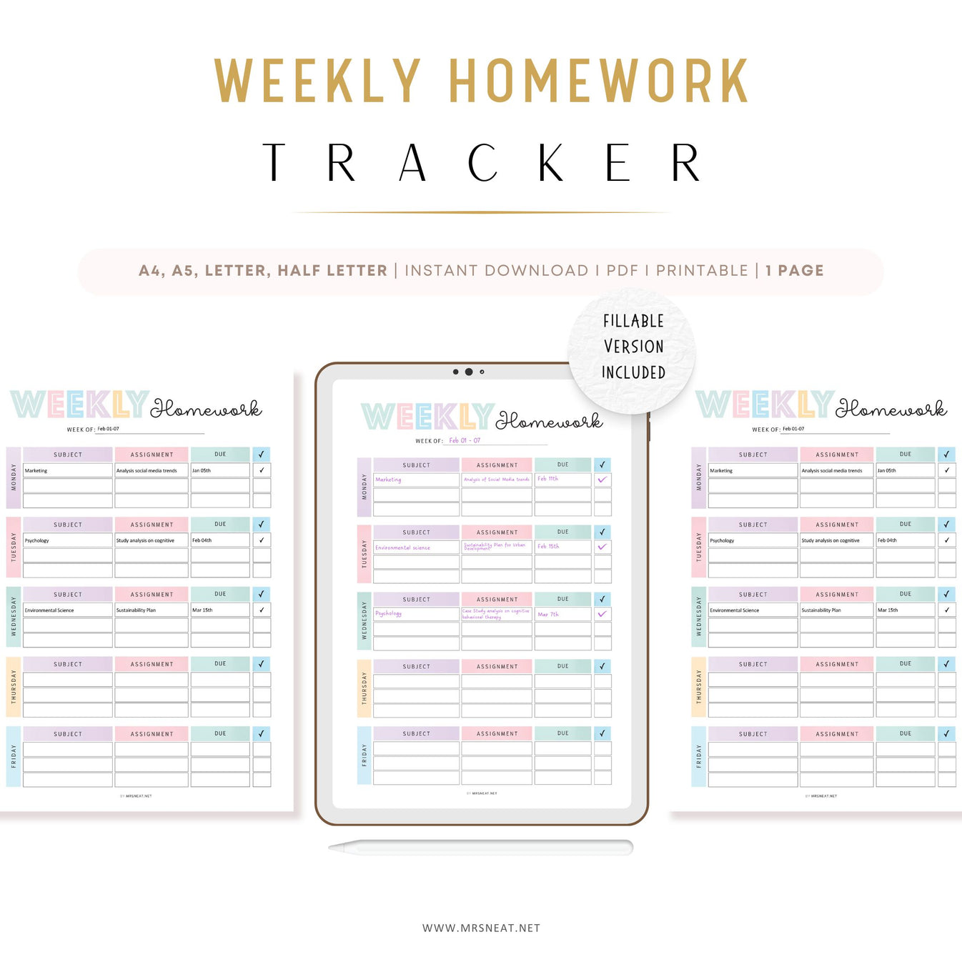 Weekly Homework Tracker Printable - M539 – mrsneat