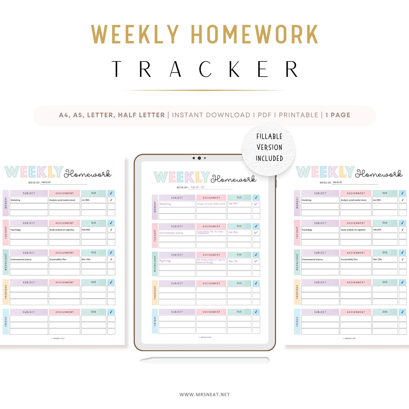 Weekly Homework Tracker Printable - M539 – mrsneat