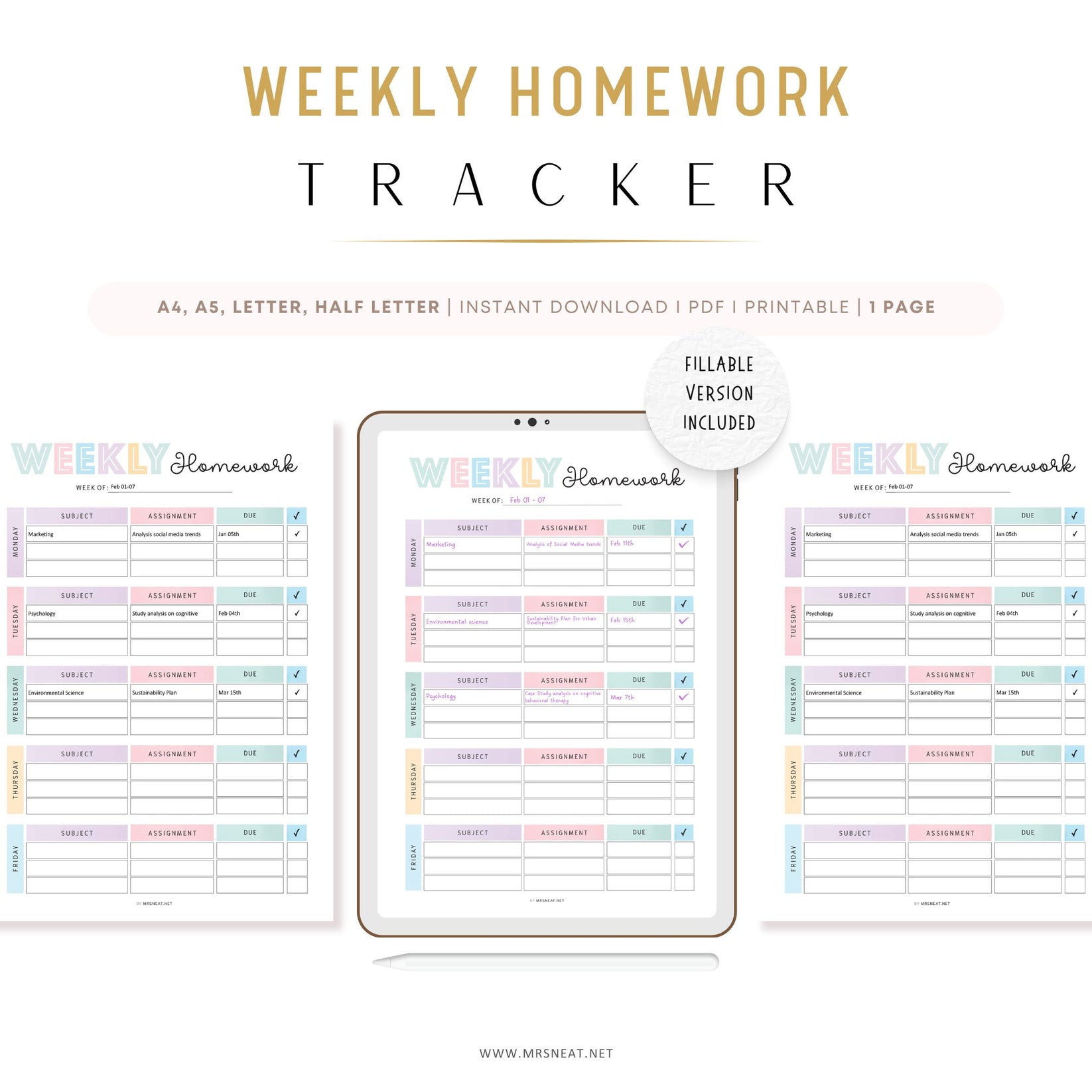Weekly Homework Tracker Printable - M539 – mrsneat