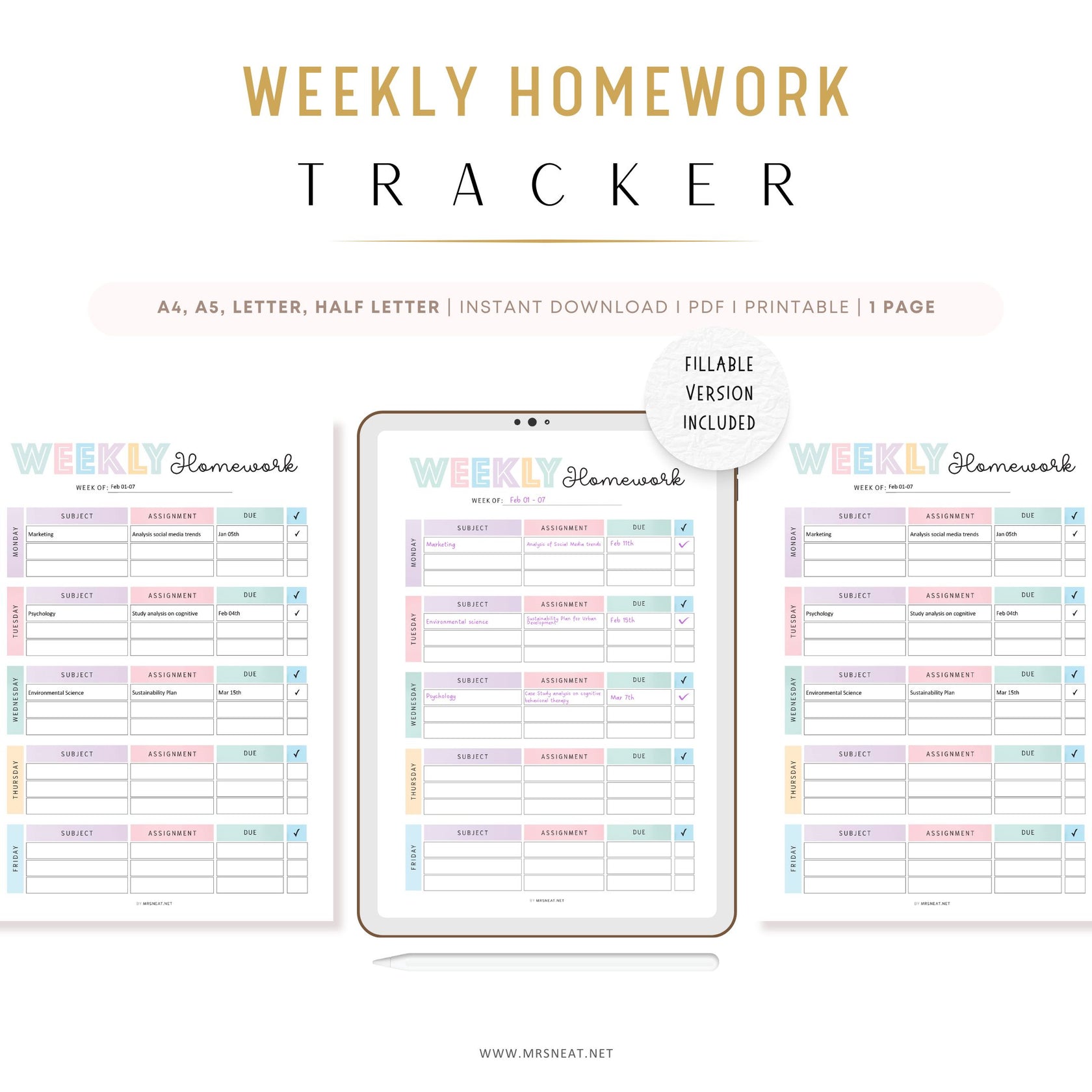Weekly Homework Tracker Printable - M539 – mrsneat