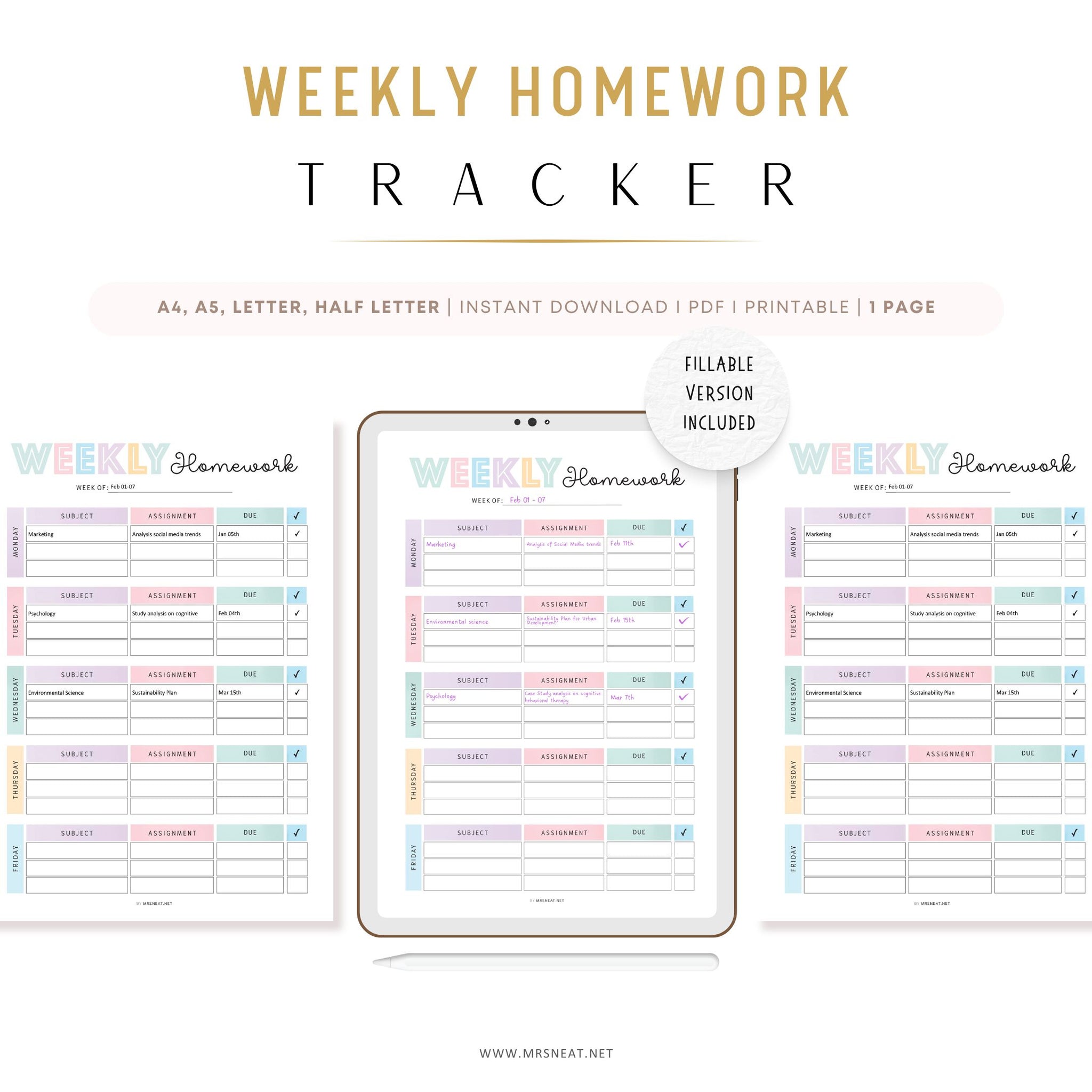 Weekly Homework Tracker Printable - M539 – mrsneat