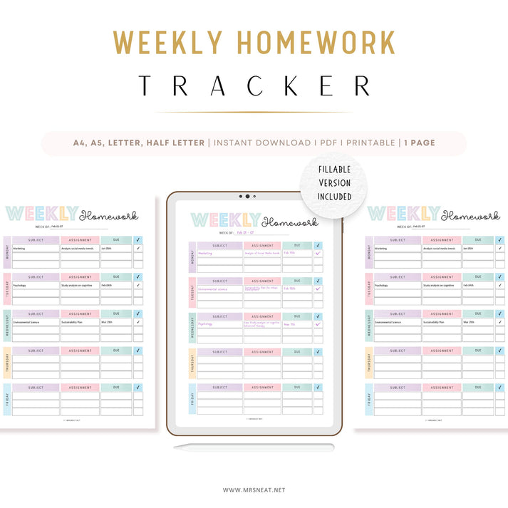 Weekly Homework Tracker Printable - M539 – mrsneat