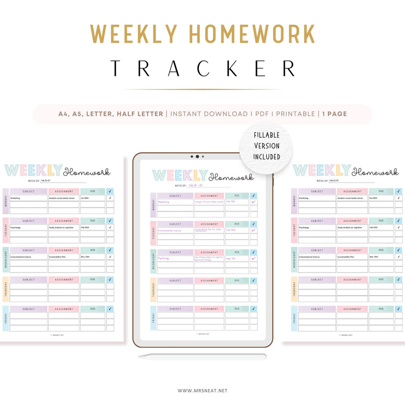 Weekly Homework Tracker Printable - M539 – mrsneat
