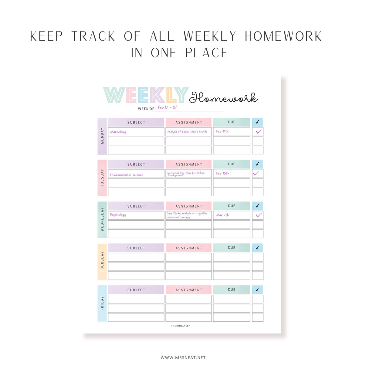 Weekly Homework Tracker Printable - M539 – mrsneat