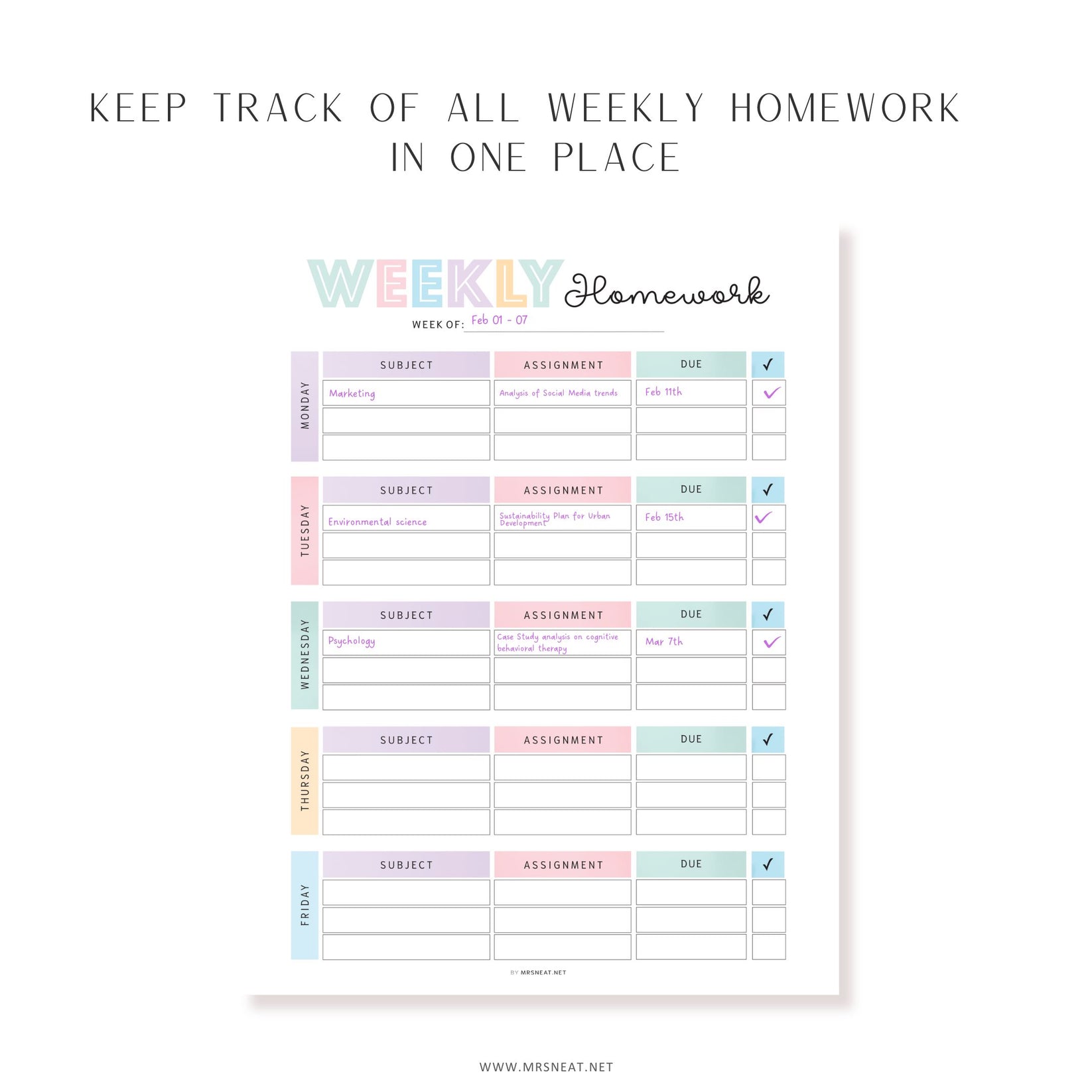 Weekly Homework Tracker Printable - M539 – mrsneat
