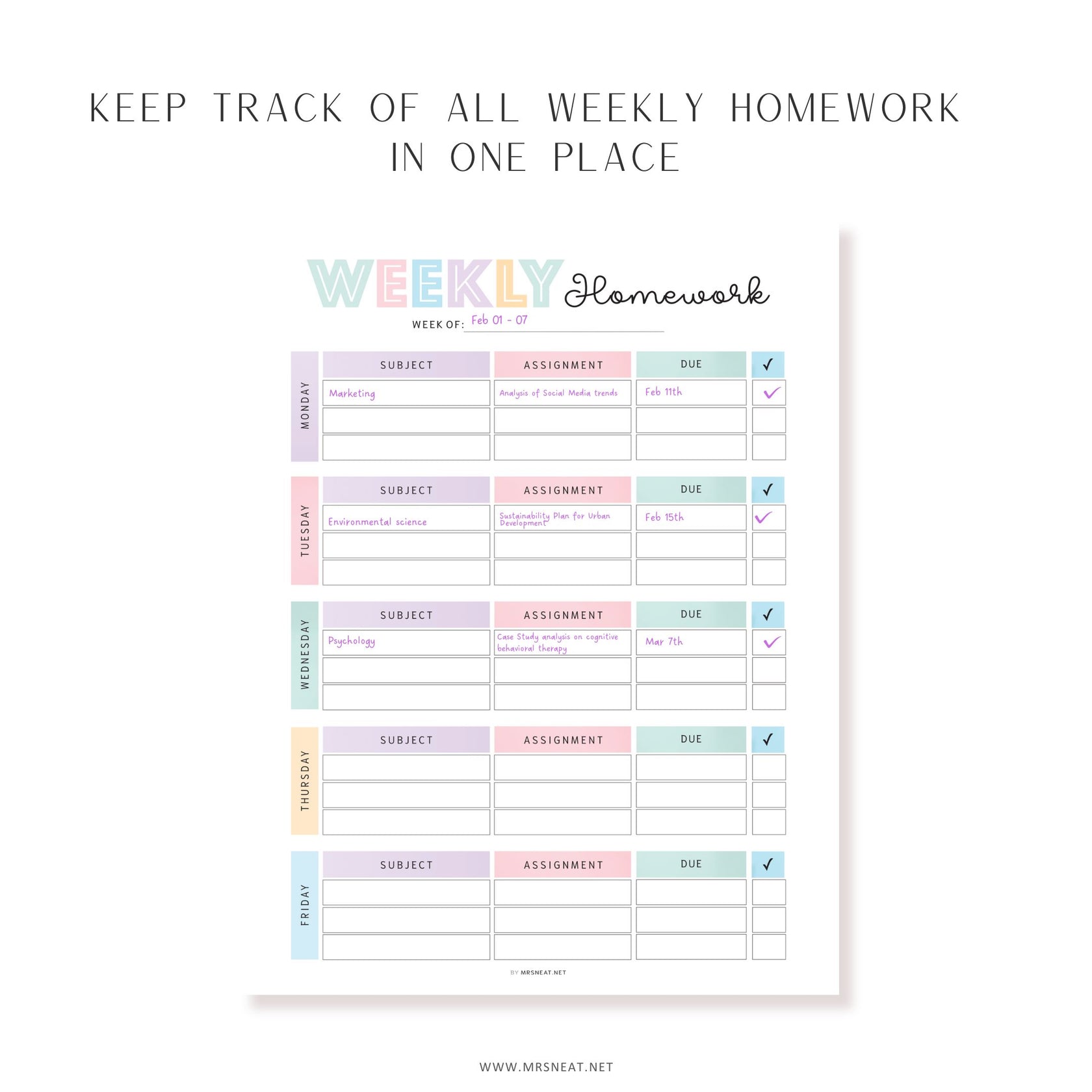 Weekly Homework Tracker Printable - M539 – mrsneat