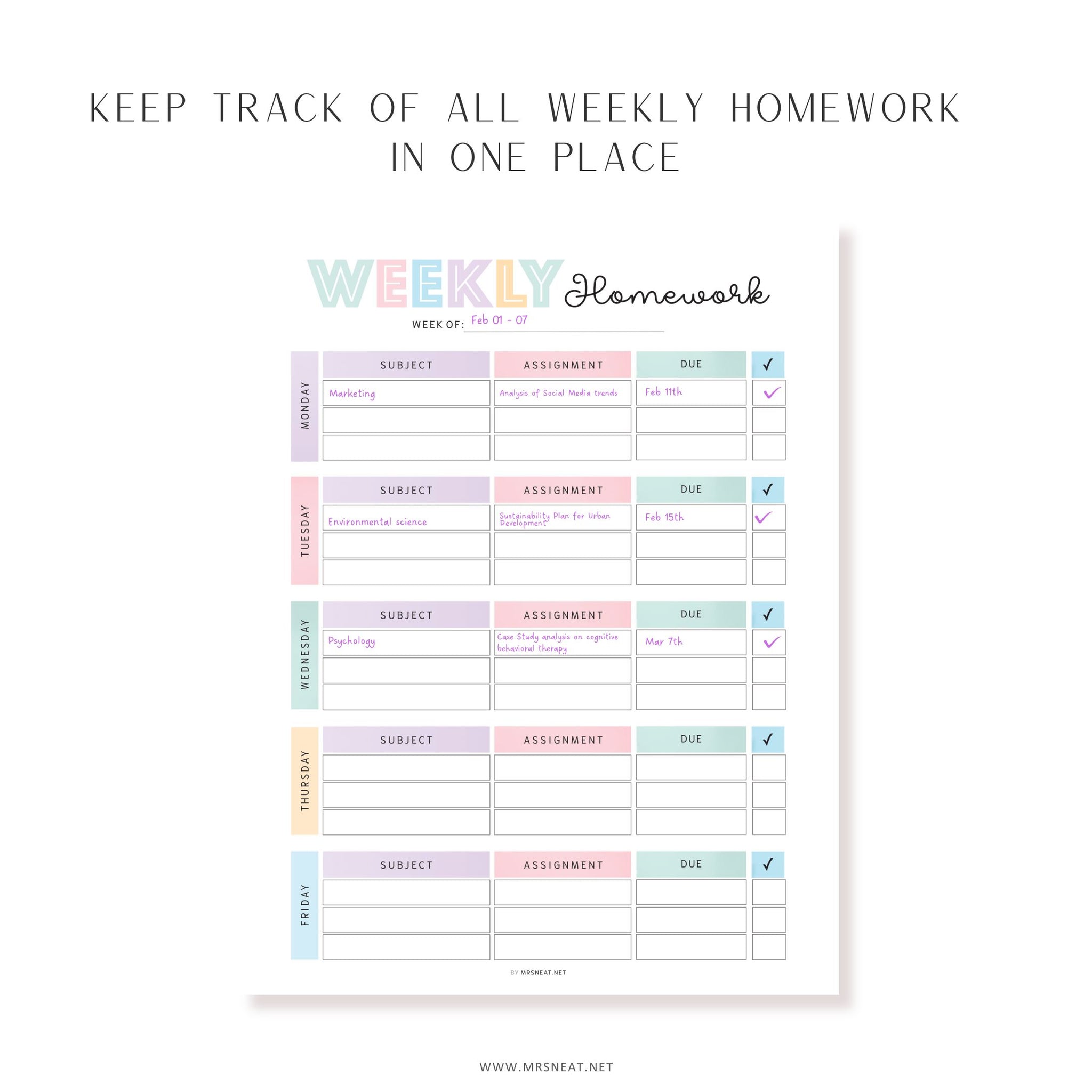 Weekly Homework Tracker Printable - M539 – mrsneat