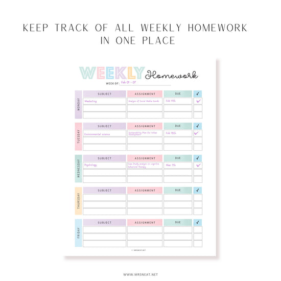 Weekly Homework Tracker Printable - M539 – mrsneat