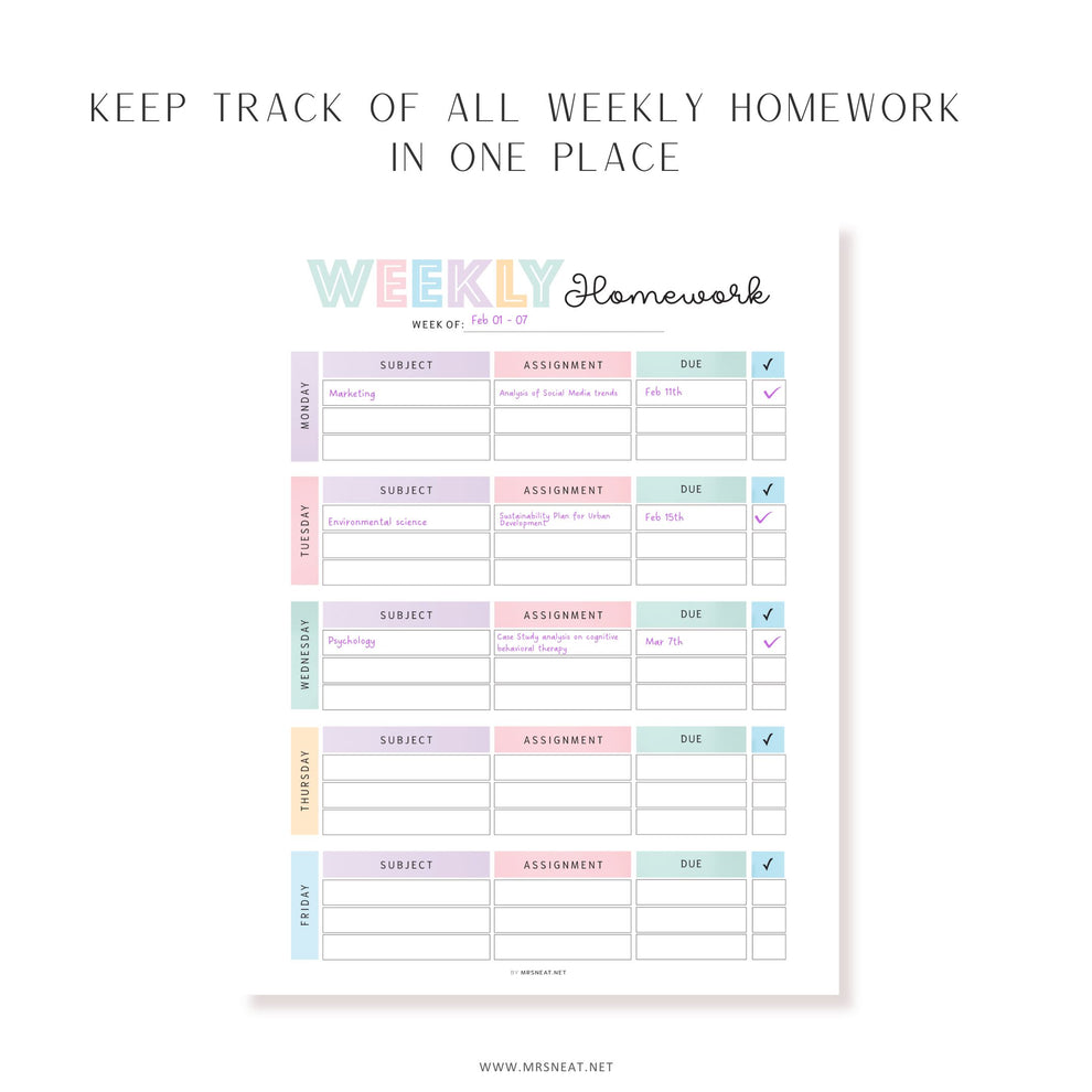 Weekly Homework Tracker Printable - M539 – mrsneat