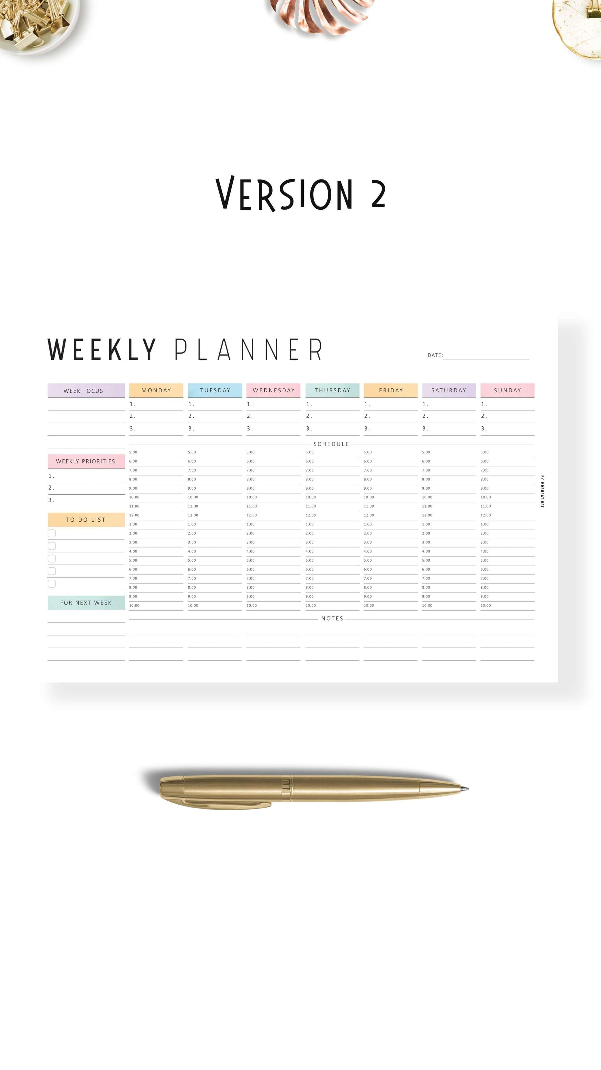 Colorful Weekly Hourly Planner Template Printable – mrsneat