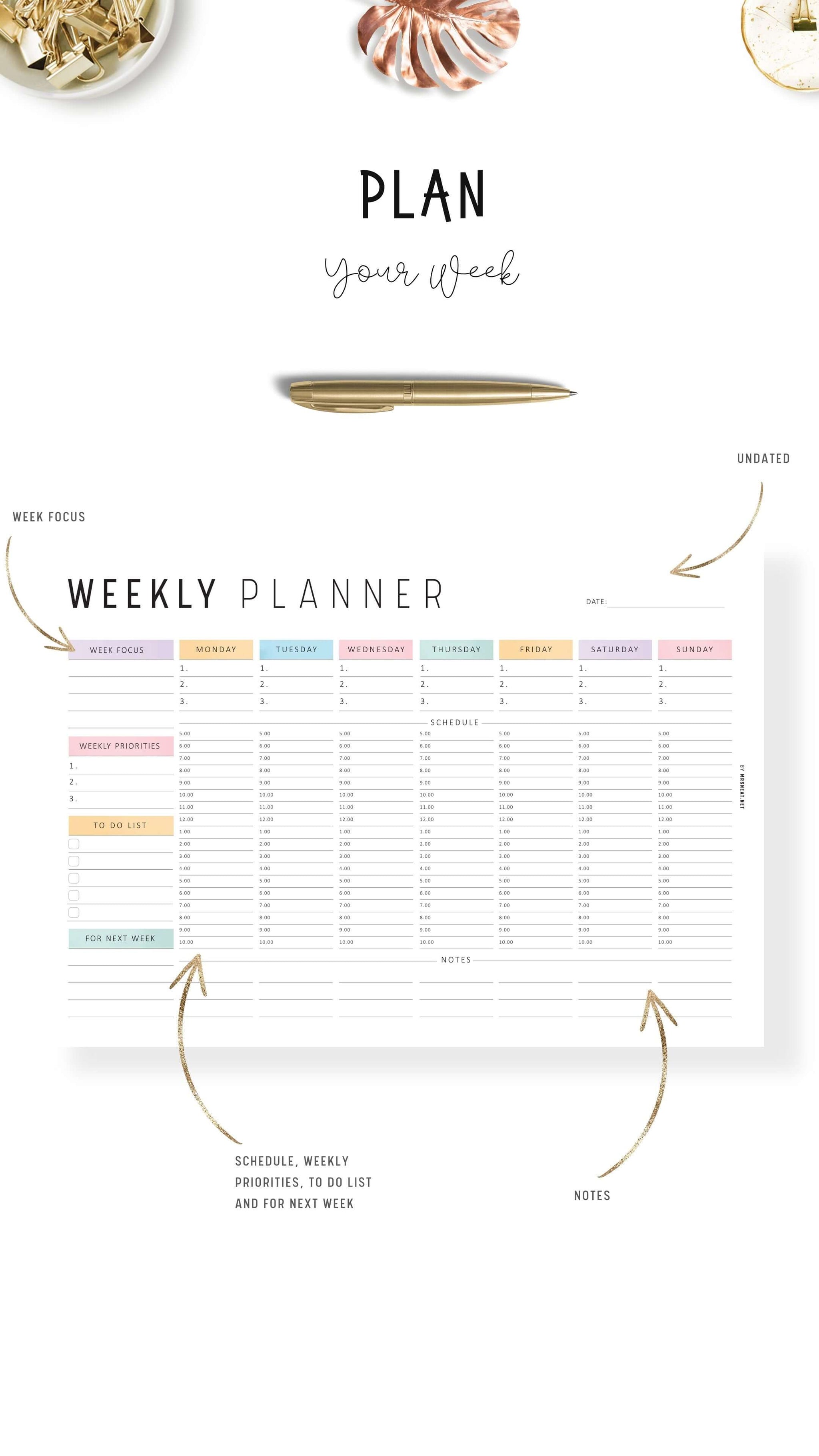 Colorful Weekly Hourly Planner Template Printable – mrsneat