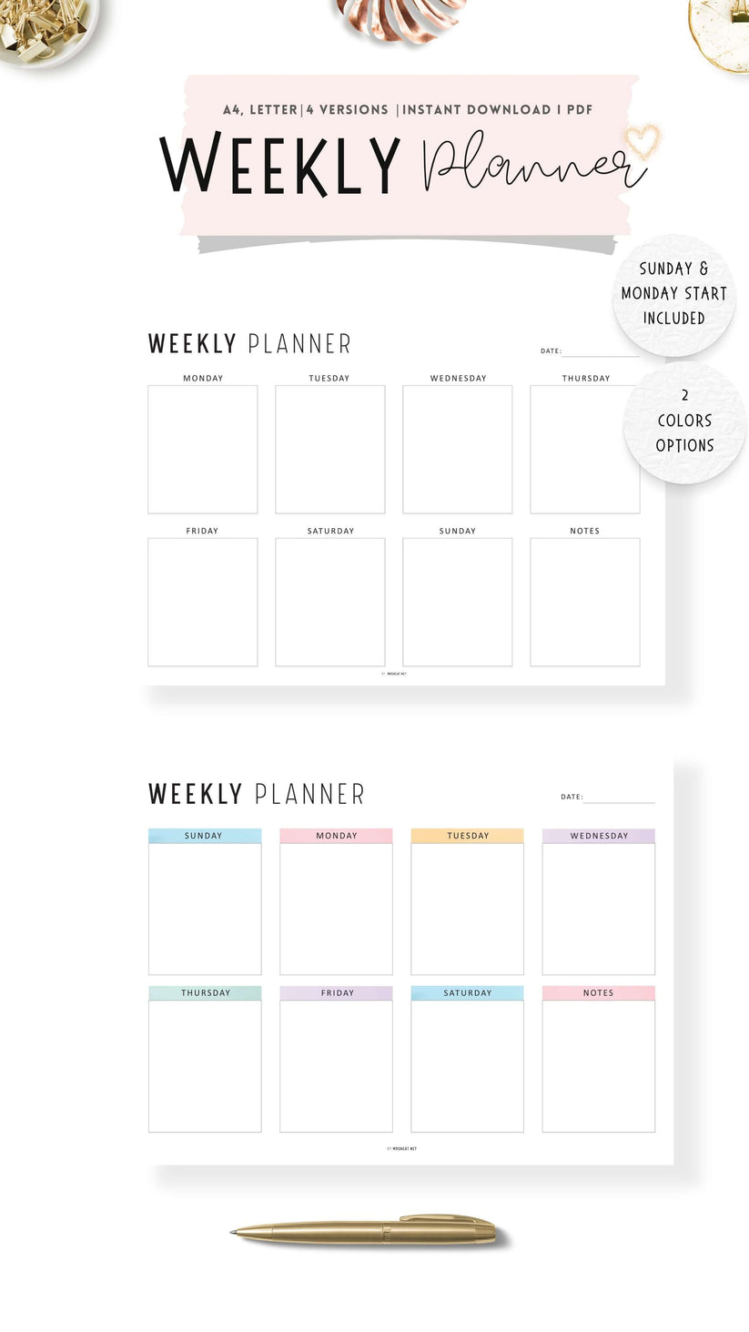 Weekly Planner PRINTABLE, 4 versions, 2 colors - M407 – mrsneat