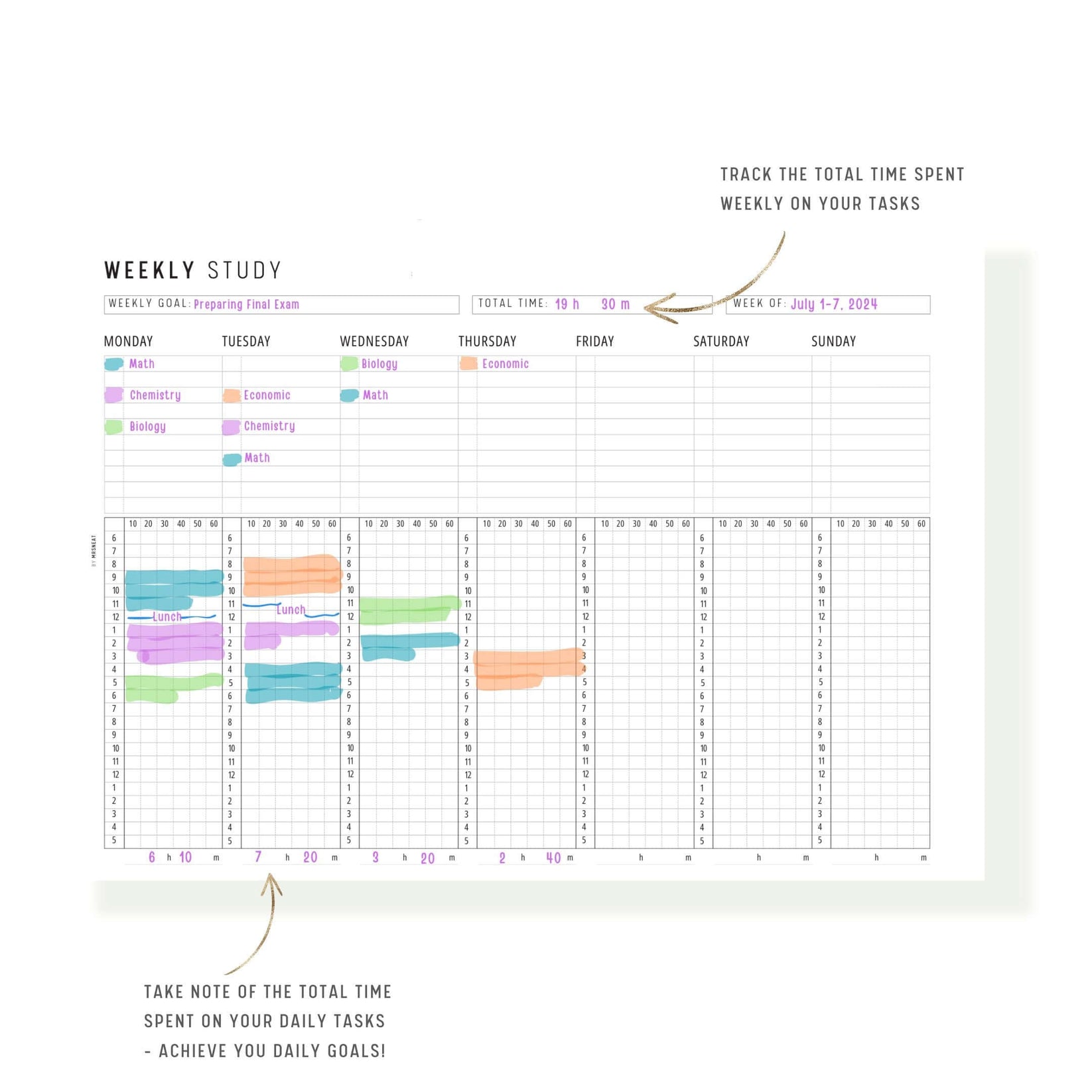 PRINTABLE Weekly Study Planner Template - M241 – mrsneat