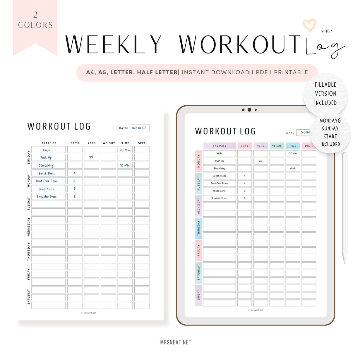 Editable Weekly Workout Log Printable - M487 – mrsneat