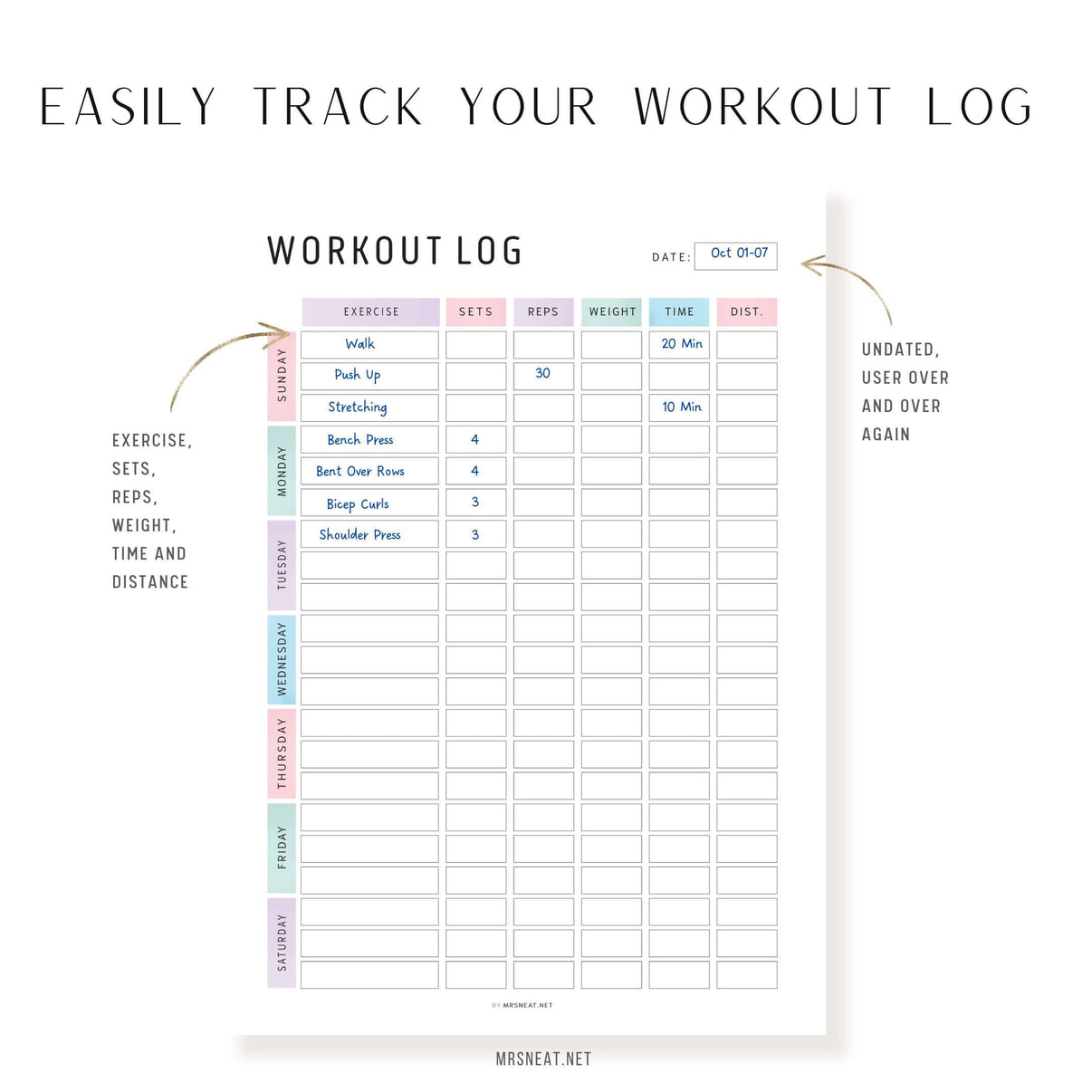 Editable Weekly Workout Log Printable - M487 – mrsneat