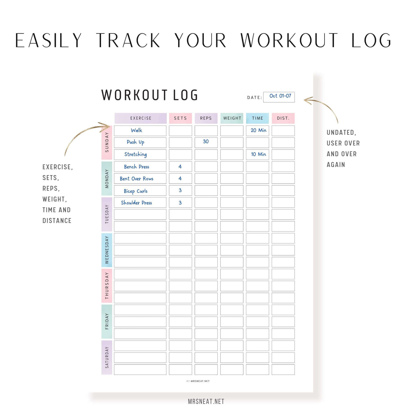Editable Weekly Workout Log Printable - M487 – mrsneat