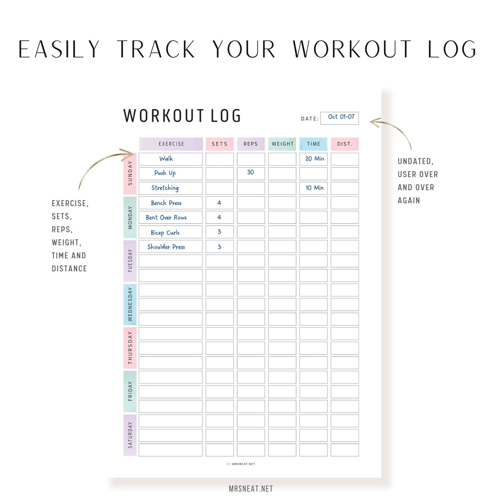 Editable Weekly Workout Log Printable - M487 – mrsneat