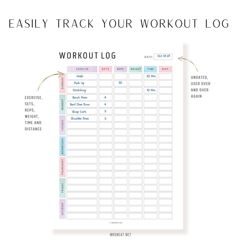 Editable Weekly Workout Log Printable - M487 – mrsneat