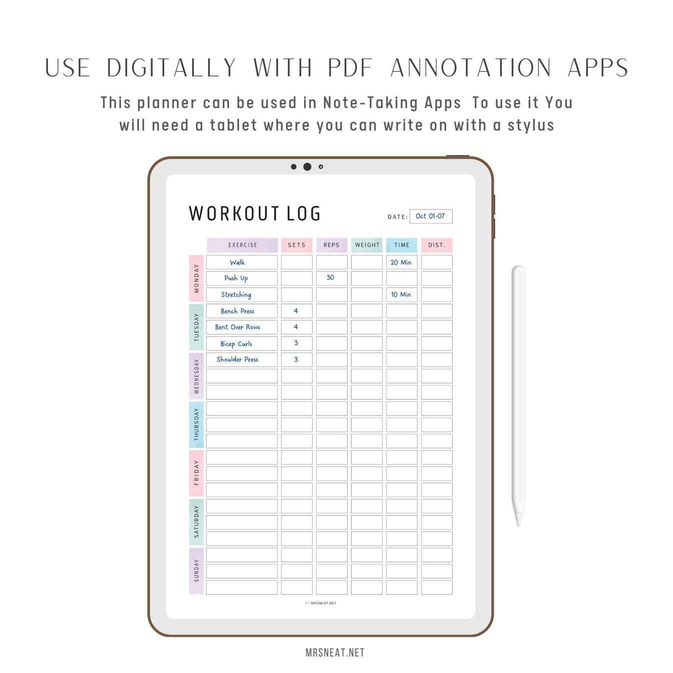 Editable Weekly Workout Log Printable - M487 – mrsneat