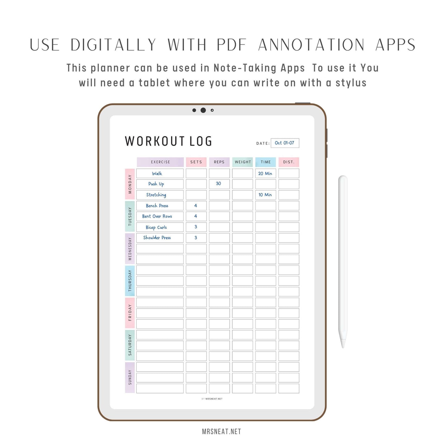 Editable Weekly Workout Log Printable - M487 – mrsneat
