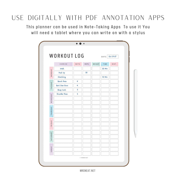 Editable Weekly Workout Log Printable - M487 – mrsneat