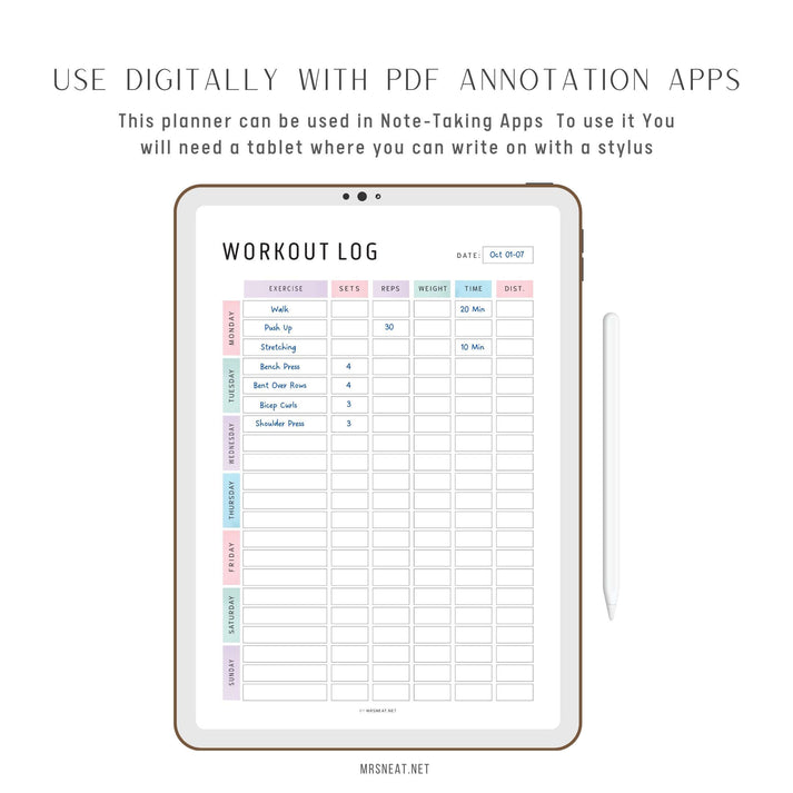 Editable Weekly Workout Log Printable - M487 – mrsneat