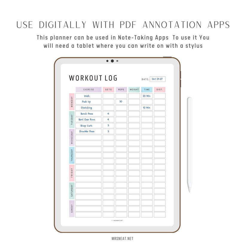 Editable Weekly Workout Log Printable - M487 – mrsneat