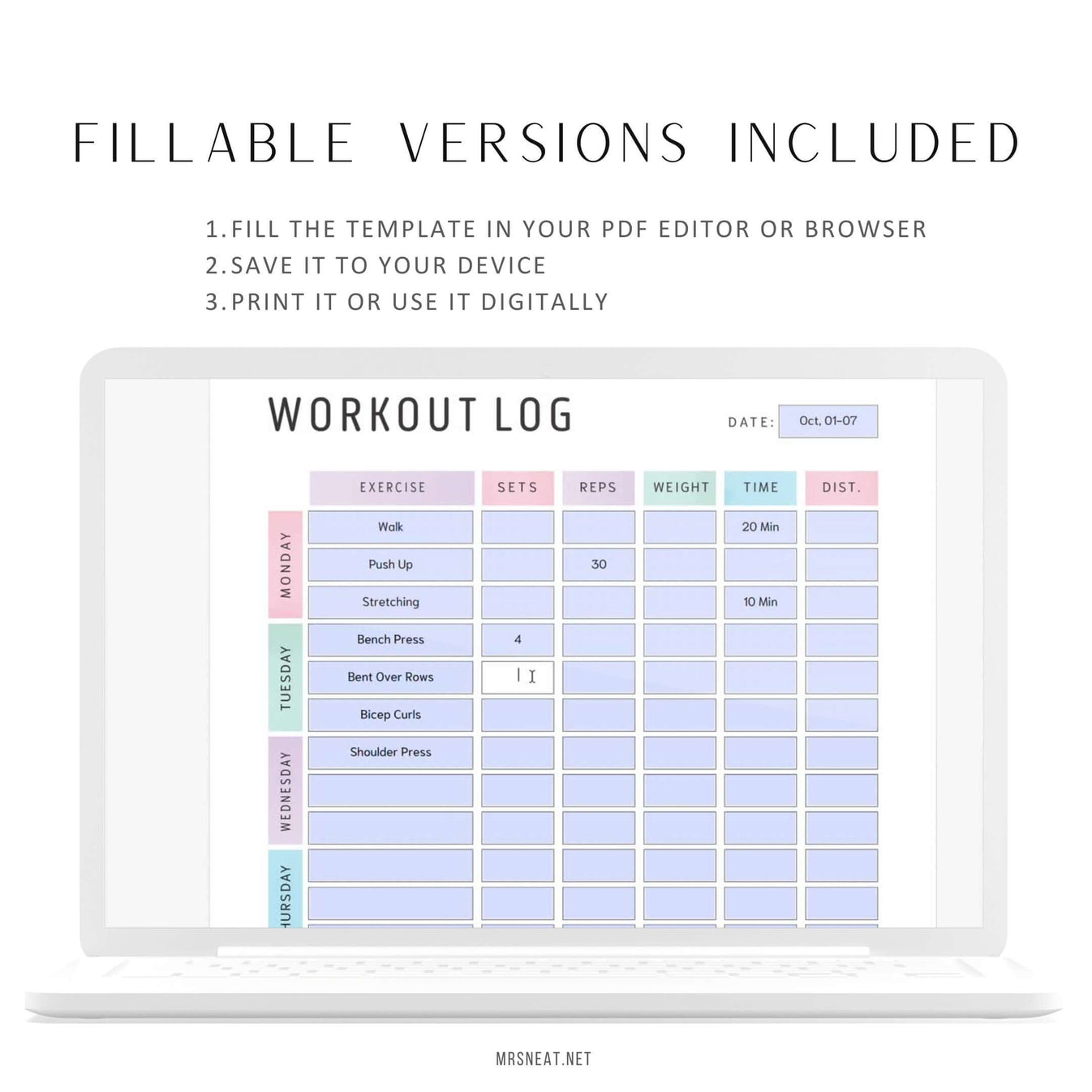 Editable Weekly Workout Log Printable - M487 – mrsneat