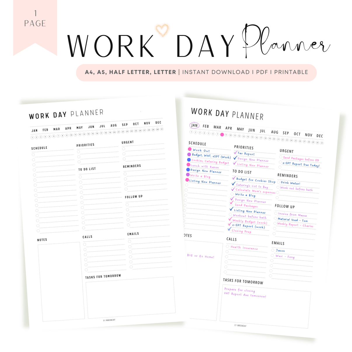 Work Day Planner PRINTABLE - M205 – mrsneat
