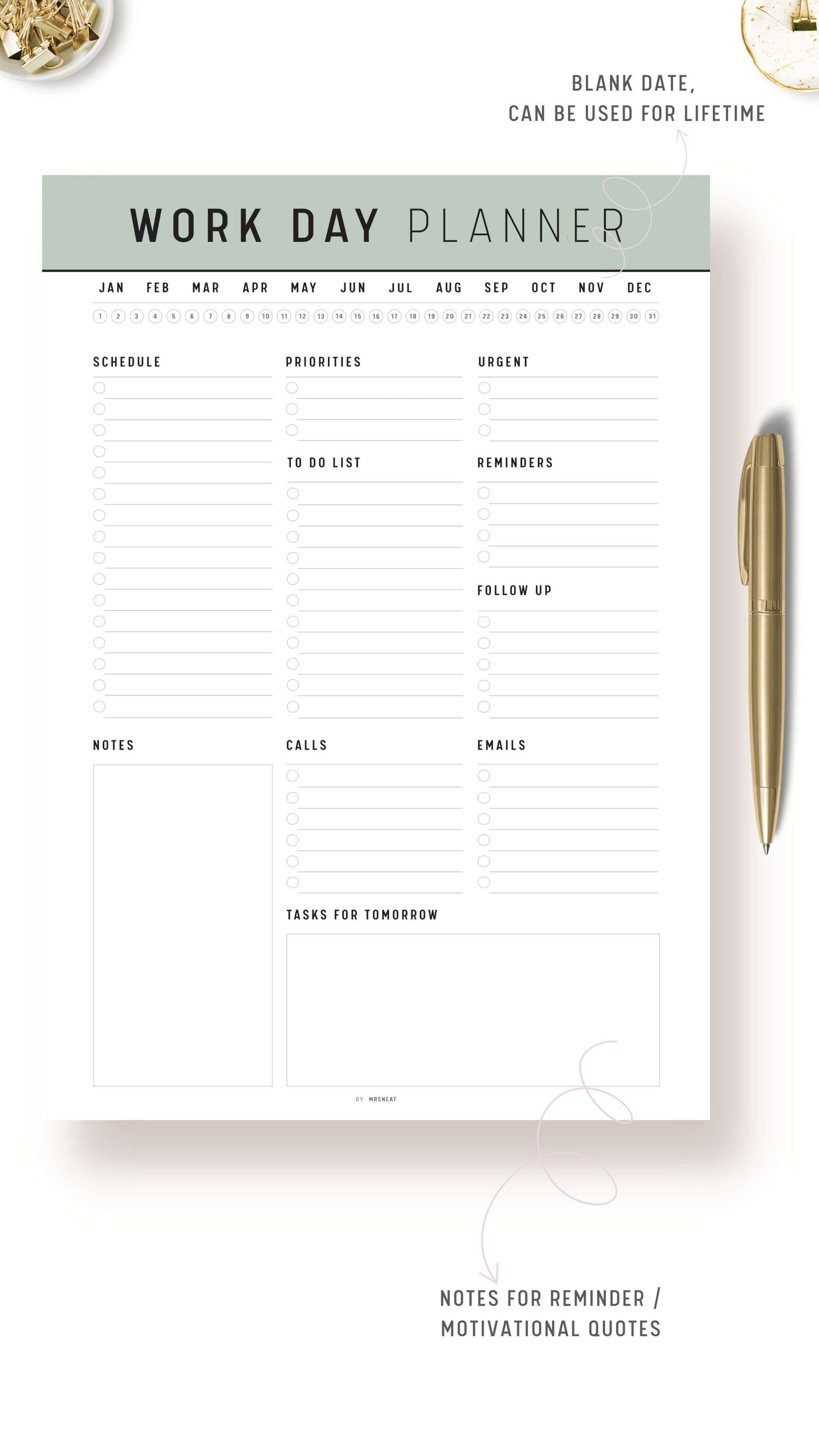 Printable Work Day Planner Template - M252 – mrsneat