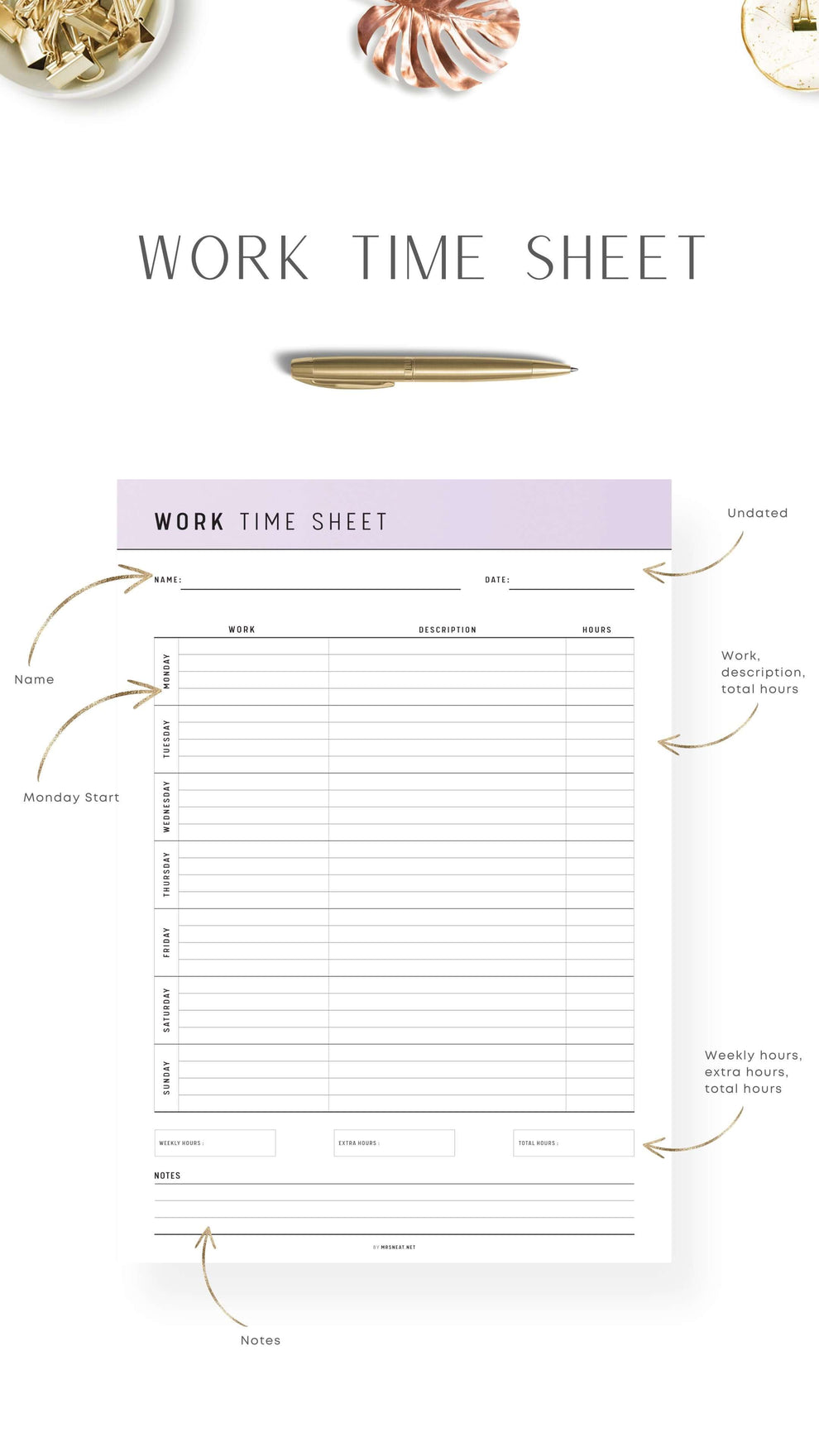 Printable Work Time Sheet Template - M321 – mrsneat