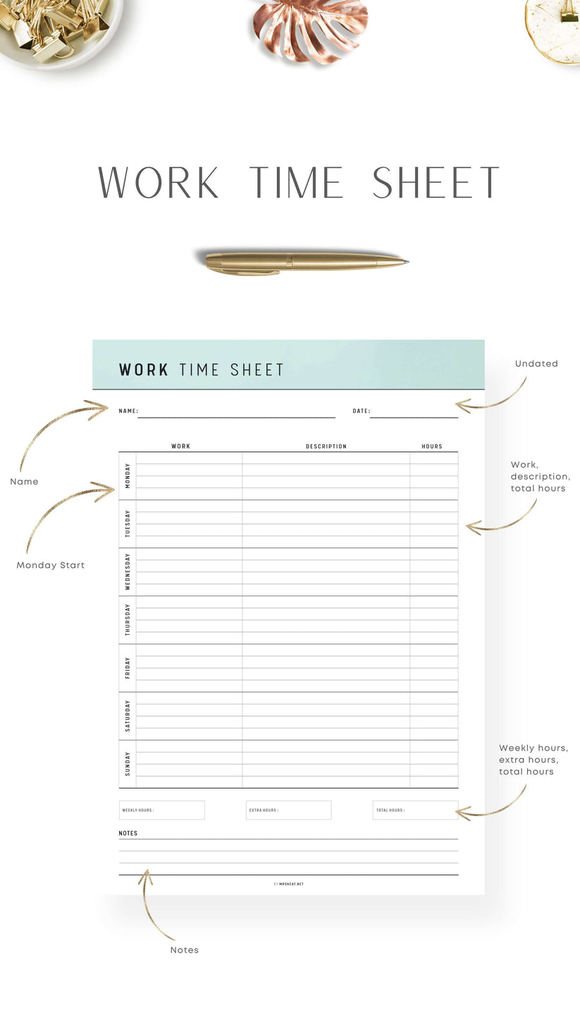 Printable Work Time Sheet Template - M321 – mrsneat