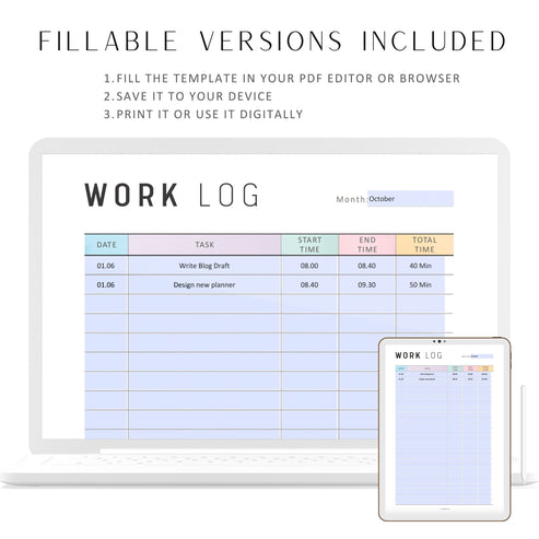 Printable Work Log Template - M327 – mrsneat