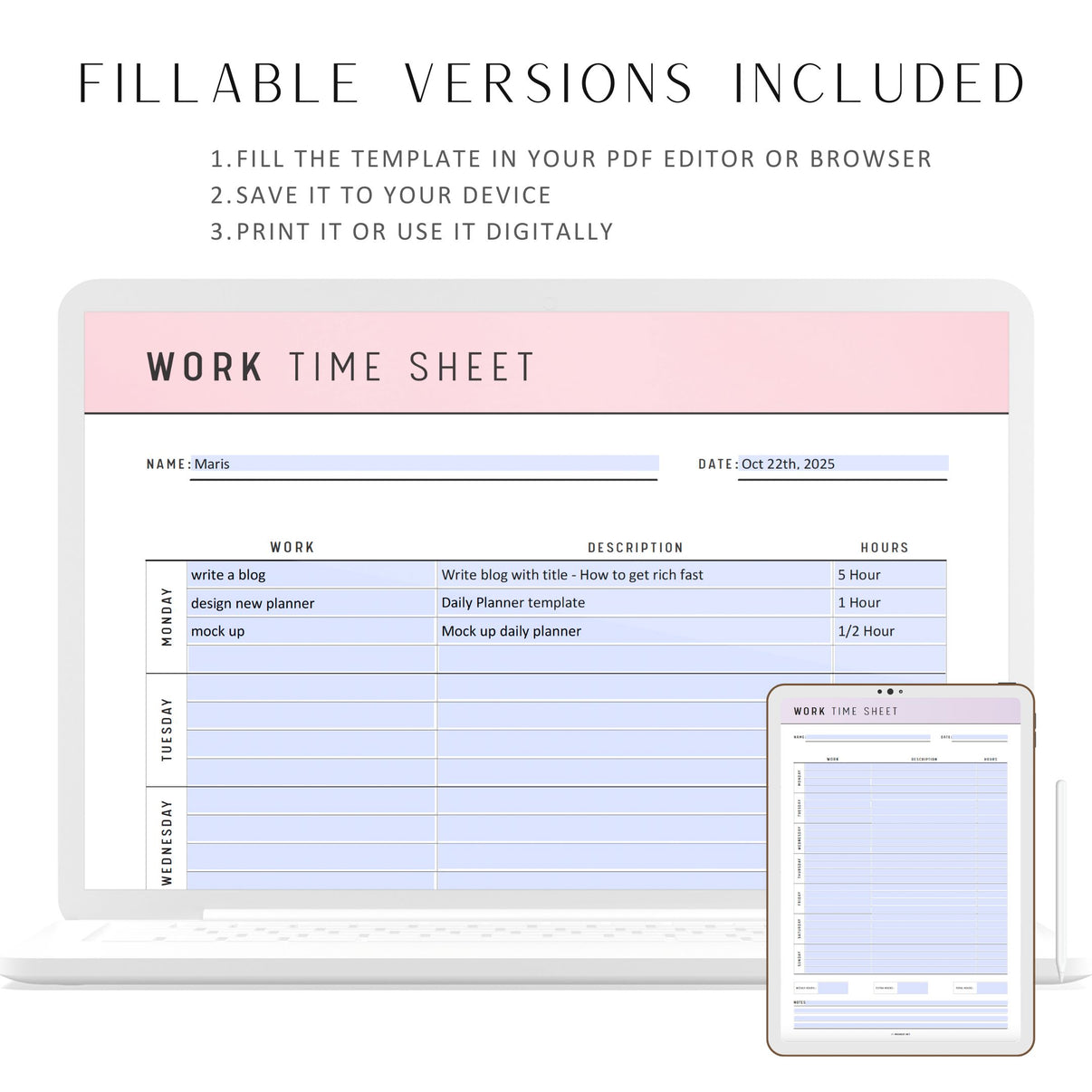 Printable Work Time Sheet Template - M321 – mrsneat