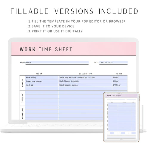 Printable Work Time Sheet Template - M321 – mrsneat