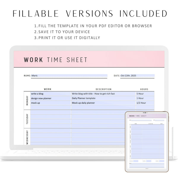 Printable Work Time Sheet Template - M321 – mrsneat