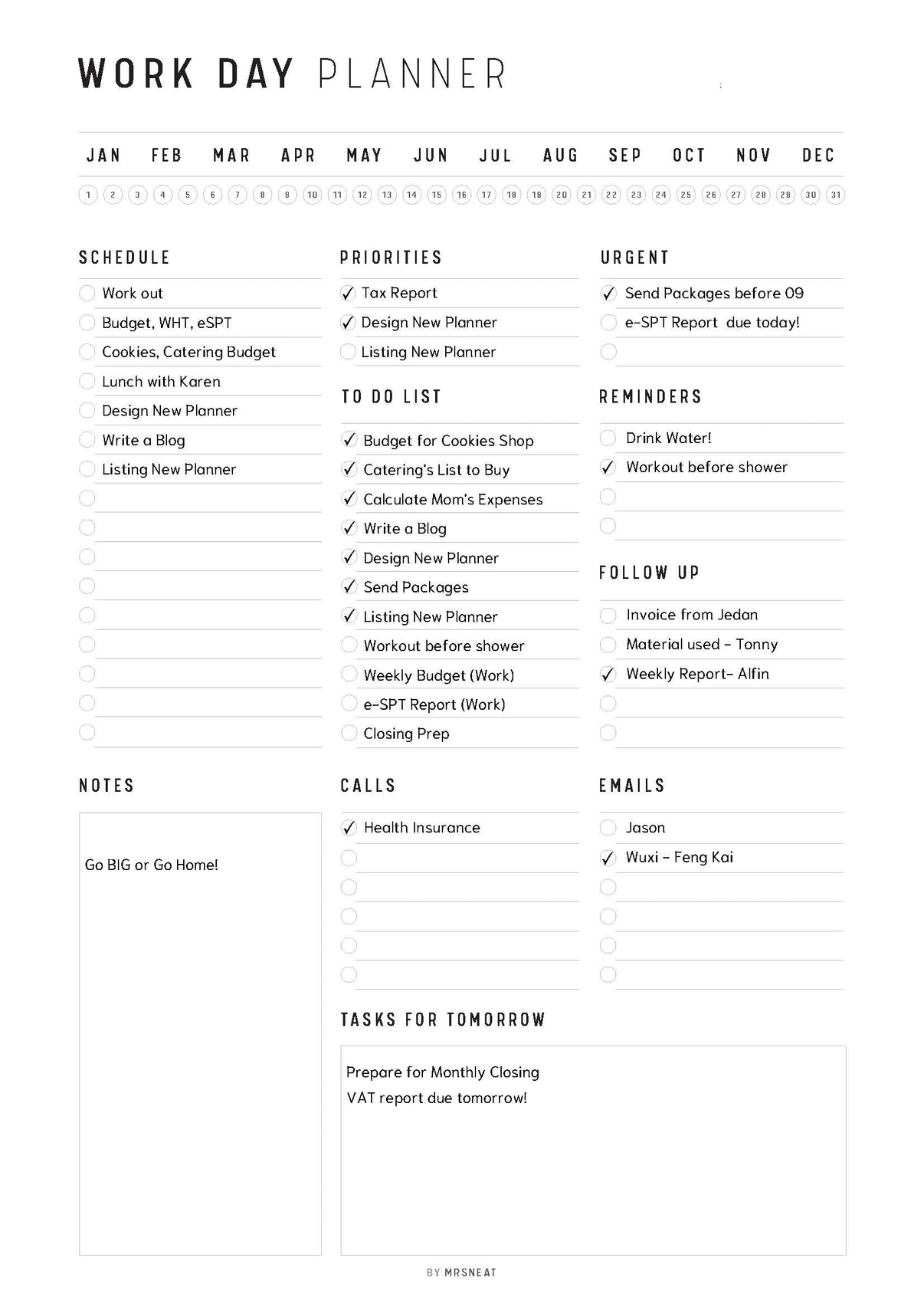 Work Day Planner PRINTABLE - M205 – mrsneat