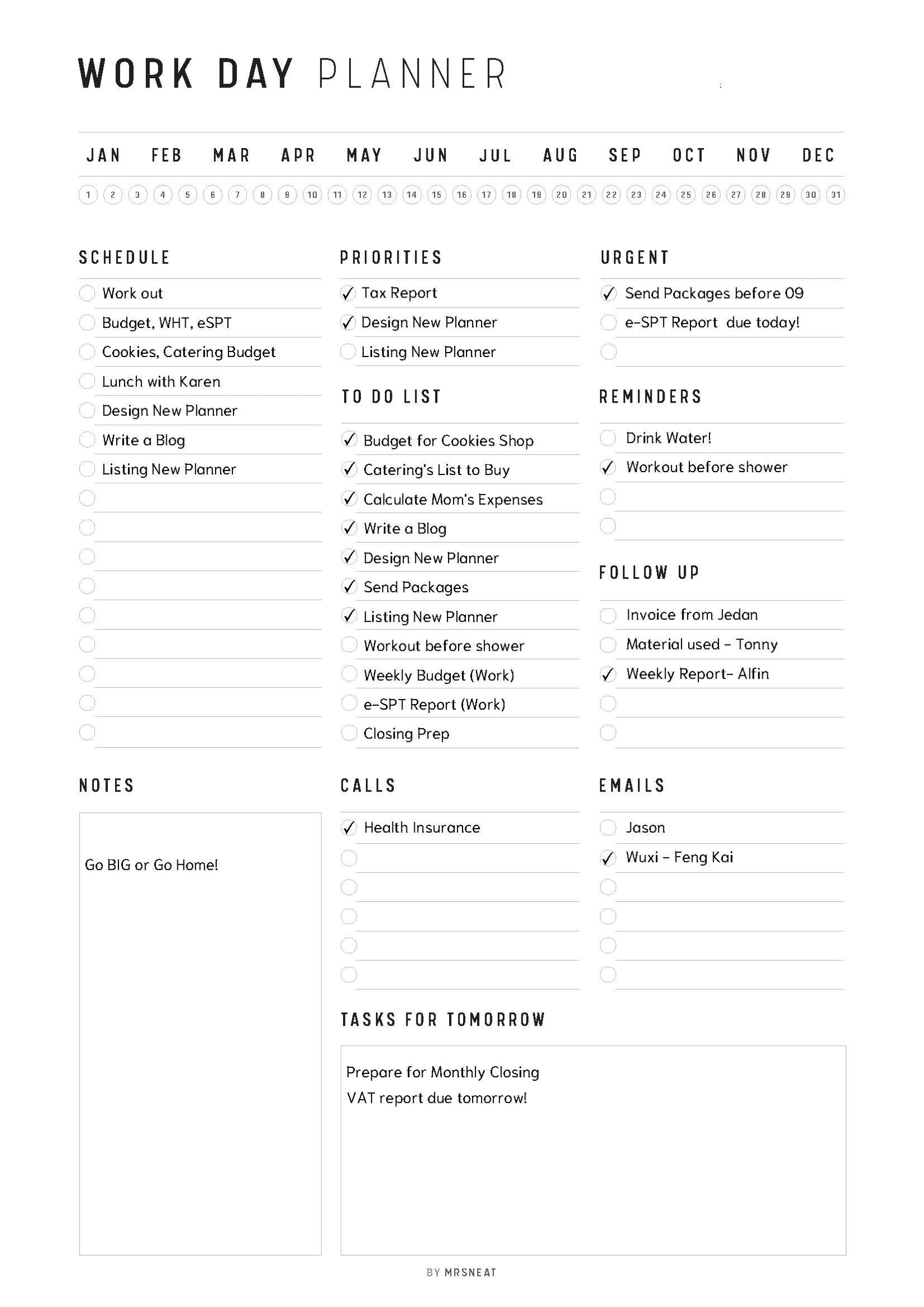 Work Day Planner PRINTABLE - M205 – mrsneat