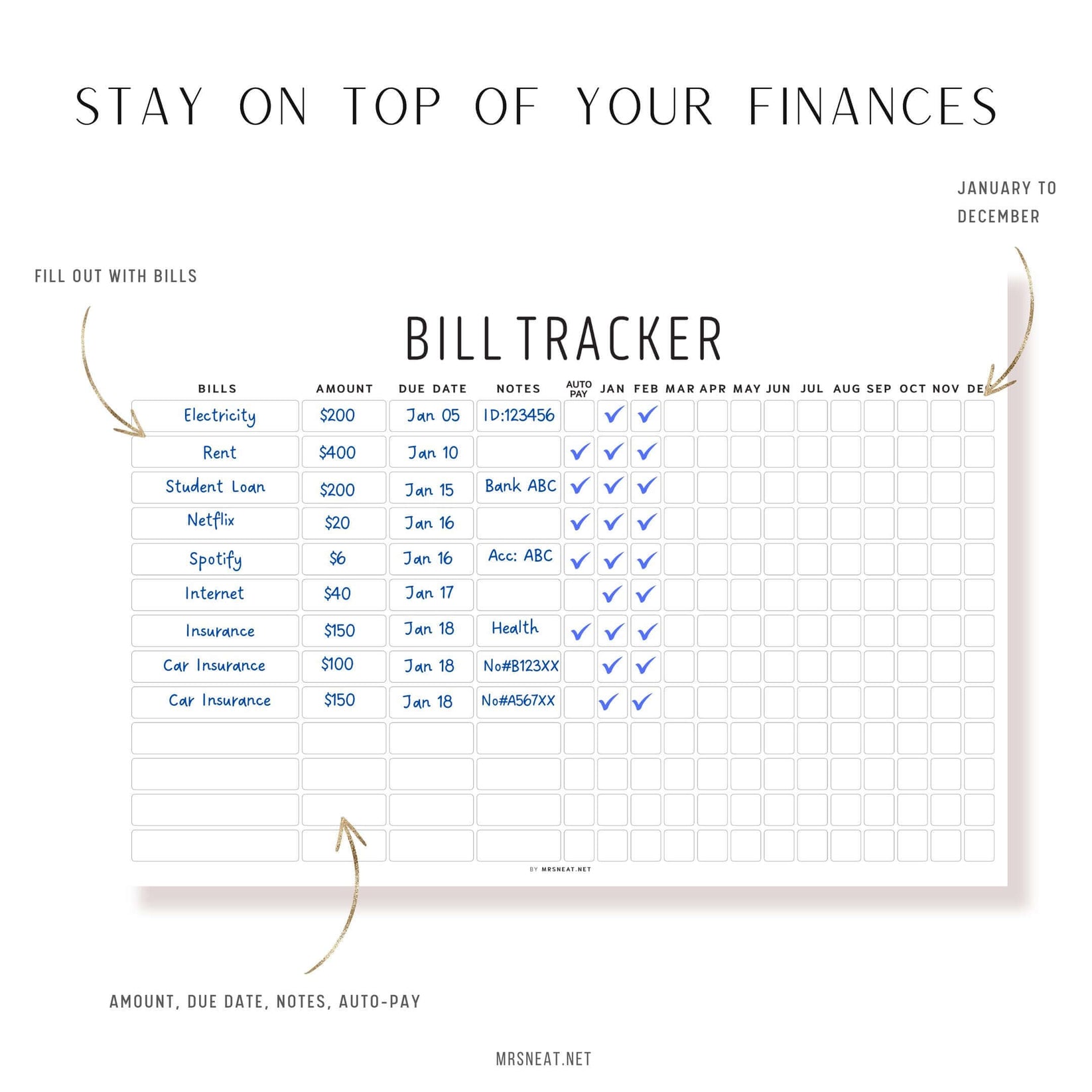 Yearly Bill Tracker Printable - M488 – mrsneat