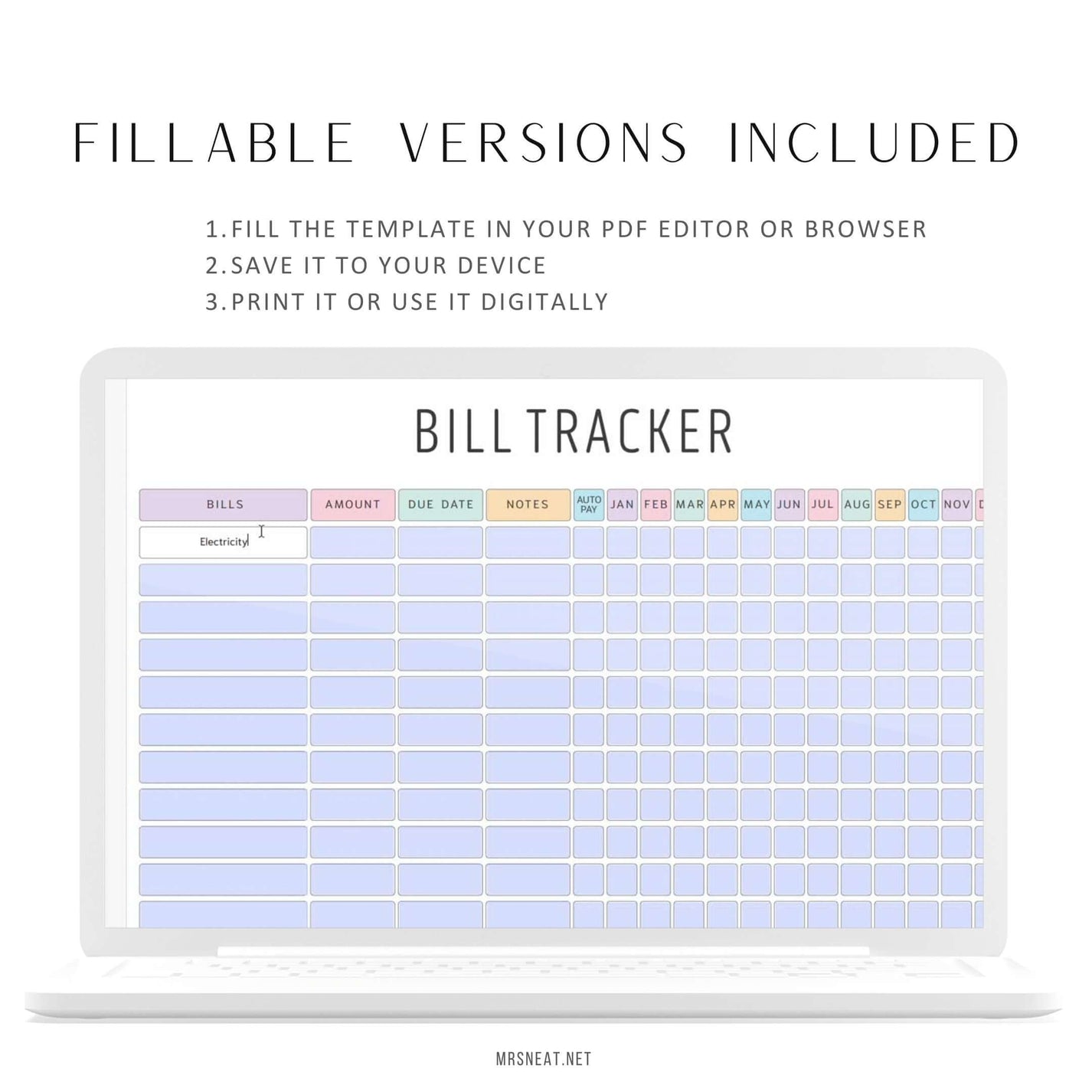 Yearly Bill Tracker Printable - M488 – mrsneat