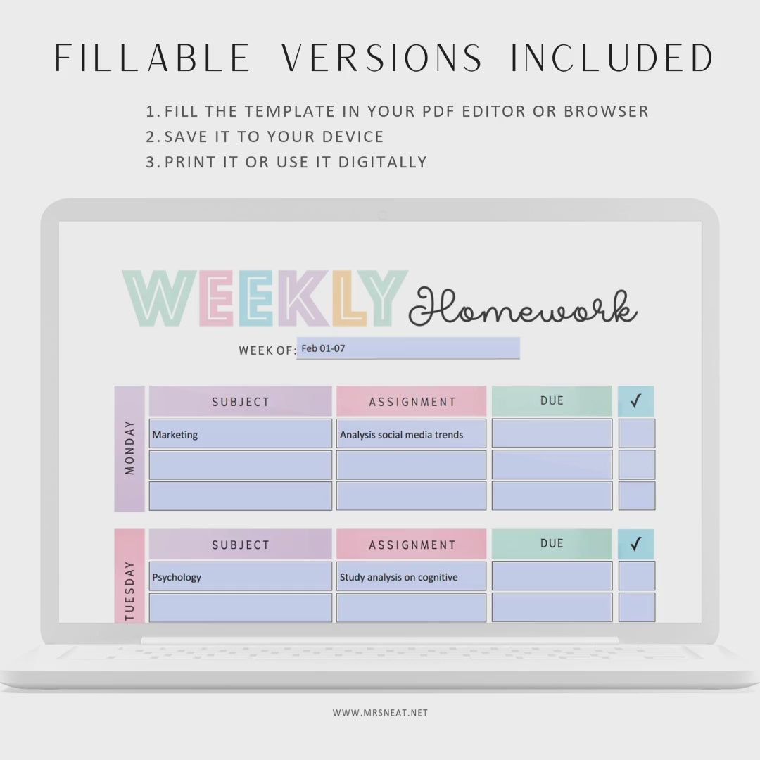 Weekly Homework Tracker Printable - M539 – mrsneat