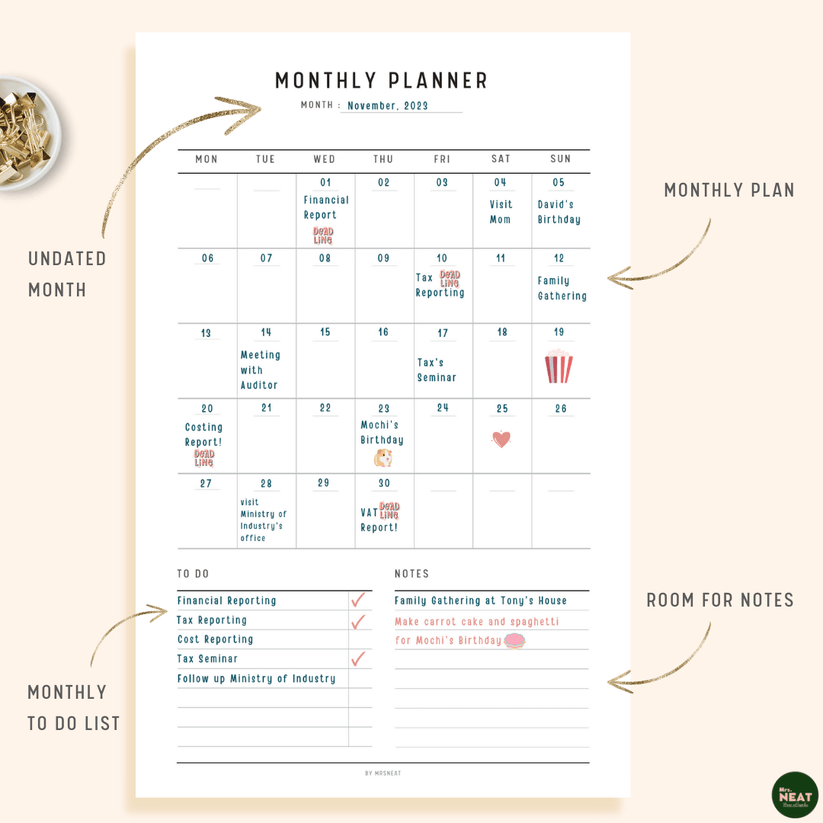 Minimalist Monthly Planner Printable - M128 – mrsneat