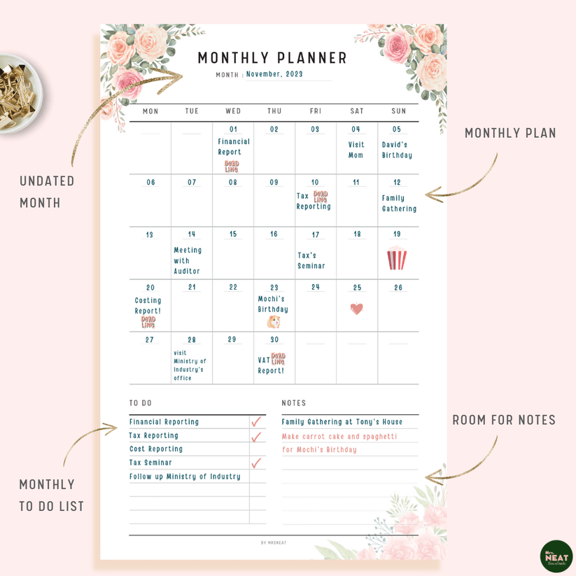 Free Pink Blush Floral Monthly Planner Printable - M130 – mrsneat