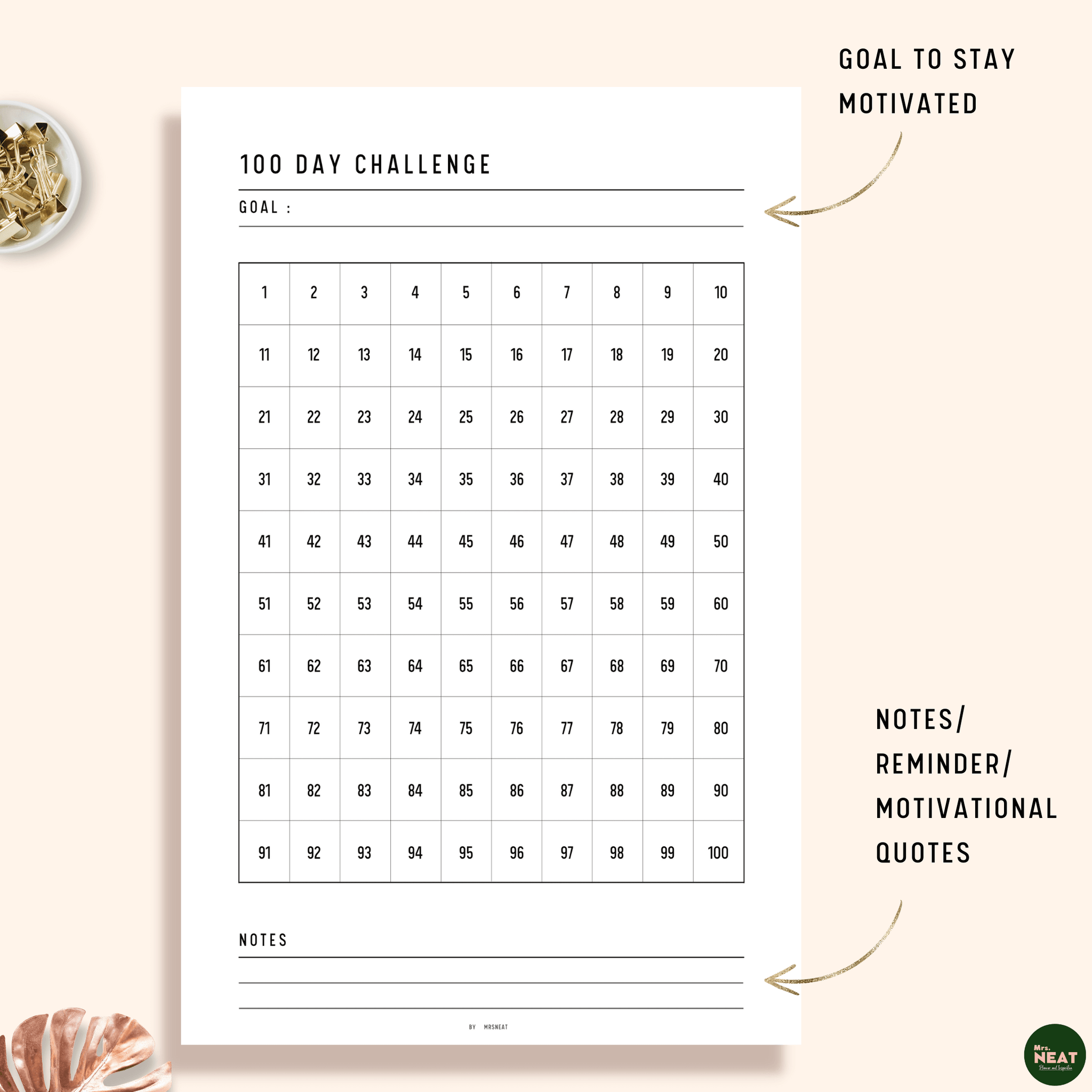 100 Day Challenge Printable – mrsneat