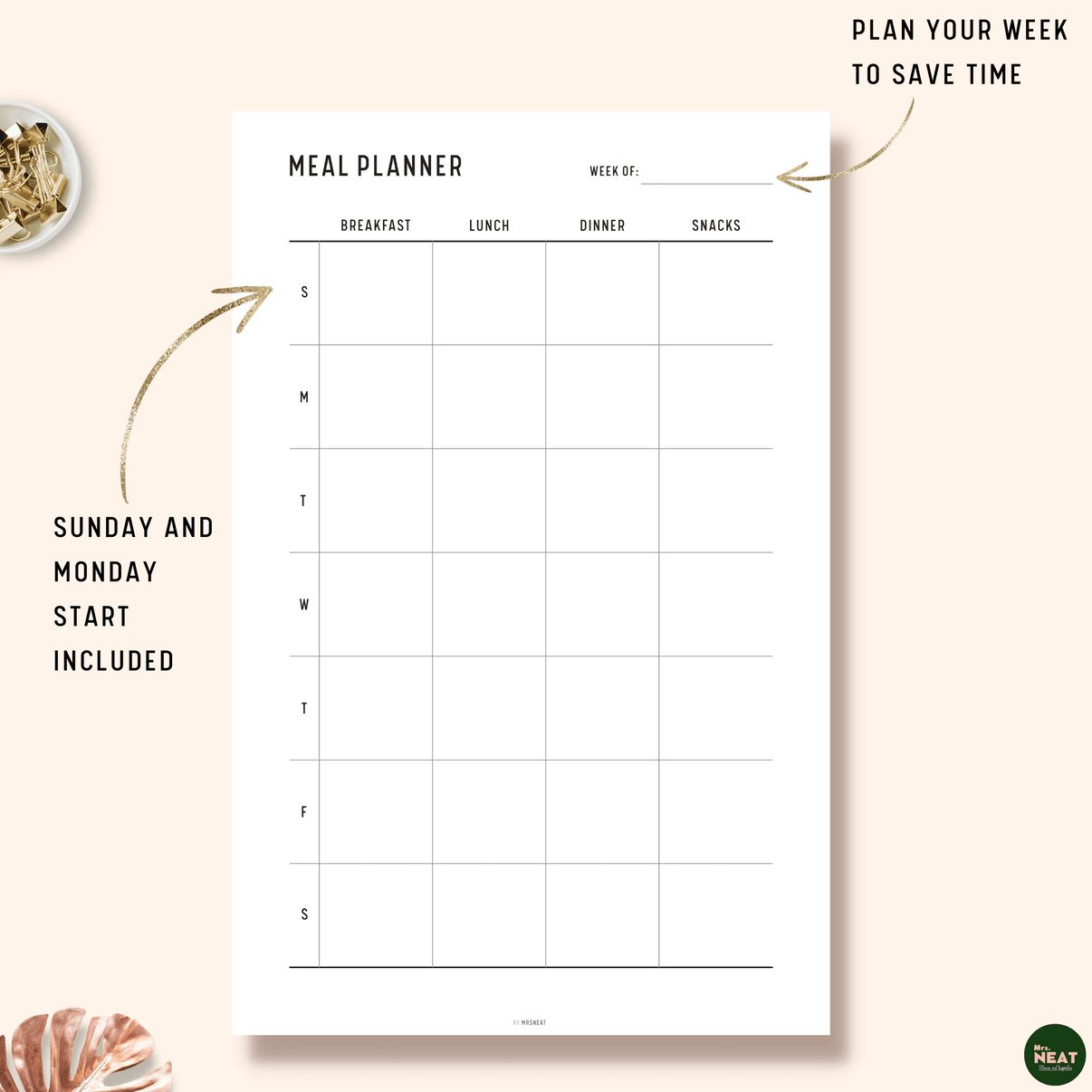 Weekly Meal Planner Printable PDF - M093 – mrsneat