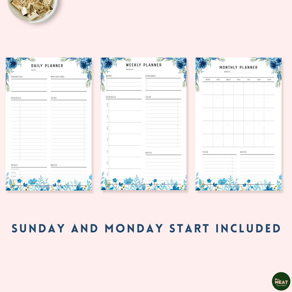 Blue Floral Daily, Weekly & Monthly Planner - M132 – mrsneat